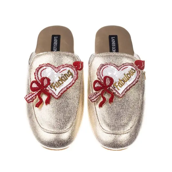 LAINES LONDON Classic Mules With Fucking Fabulous Hearts Brooches - Gold