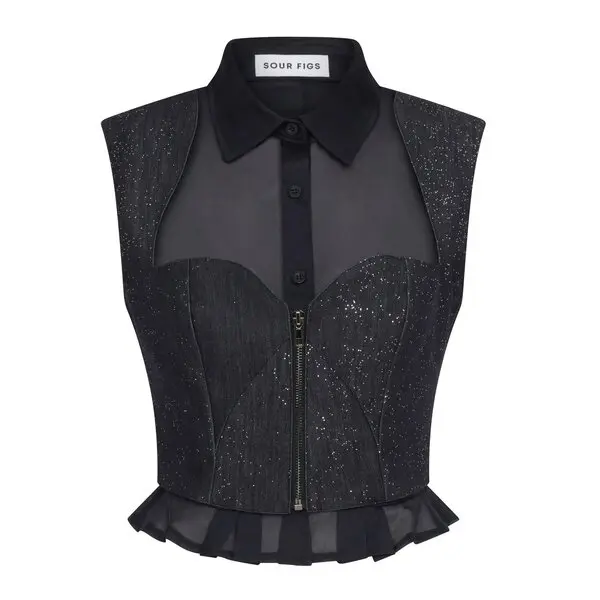 SOUR FIGS Composite Sparkly Denim Bustier Blouse In Profound - Blue