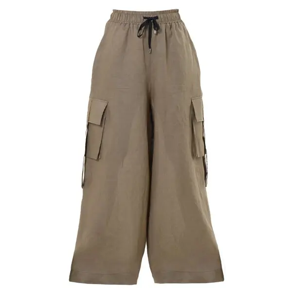 METAMORPHOZA Linen Cargo Palazzo Trousers In Khaki - Green