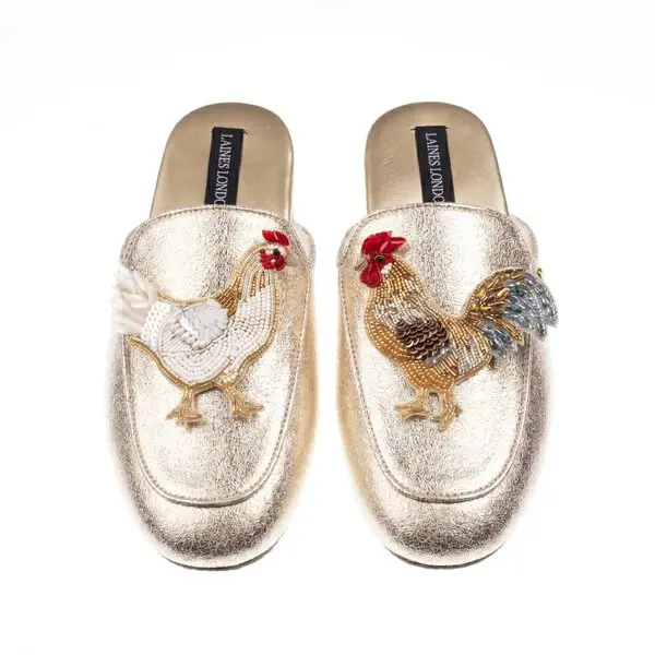 LAINES LONDON Classic Mules With Chicken & Rooster Brooches - Gold