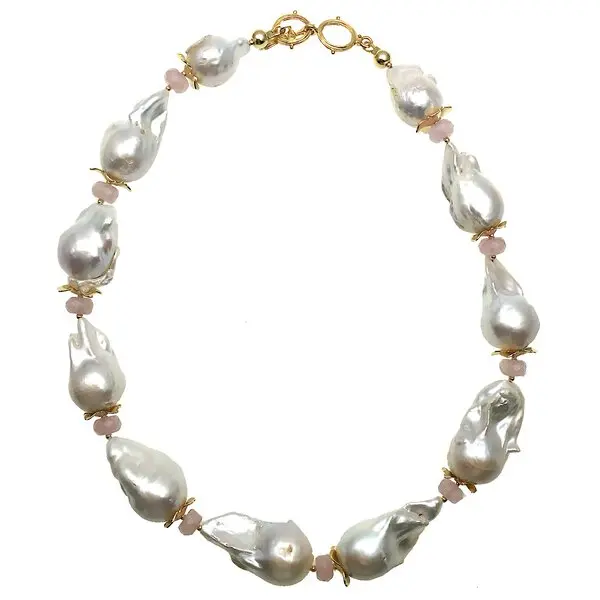 FARRA Baroque Pearls With Rose Quartz Short Necklace