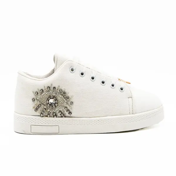 RETTROSE Gabriella Luxury White Canvas Handmade Embellished Tennis Shoe - Red