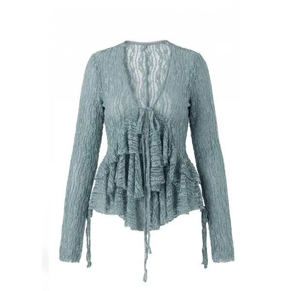 BELSIZE25 Flared Sleeve Knitted Lace Cardigan - Green