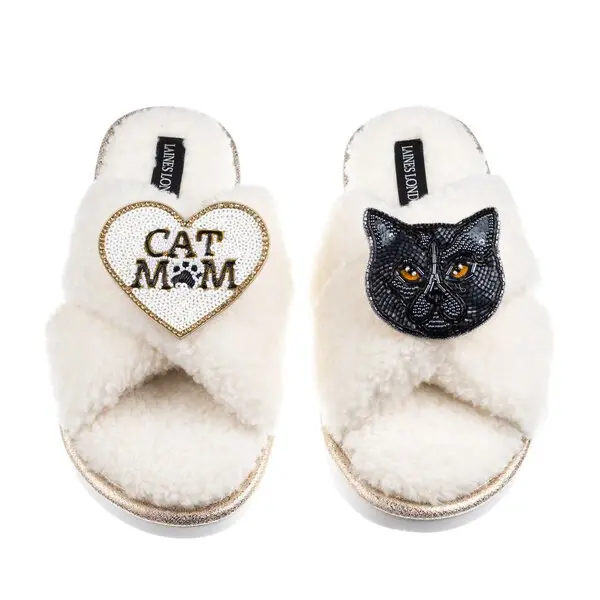 LAINES LONDON Neutrals Boucle Slippers With Cat Mum/mom & Black British Shorthair Brooches Cream - Brown