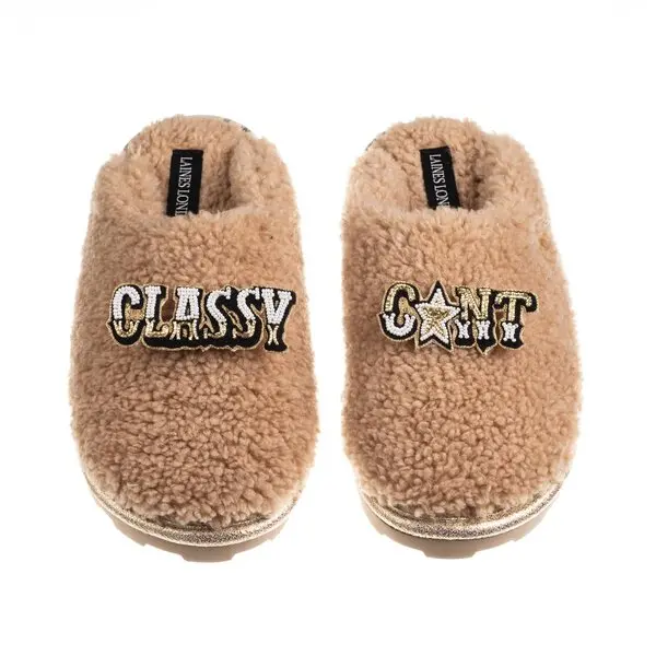 LAINES LONDON Neutrals Teddy Closed Toe Slippers With Classy Cunt Brooches Toffee - Brown