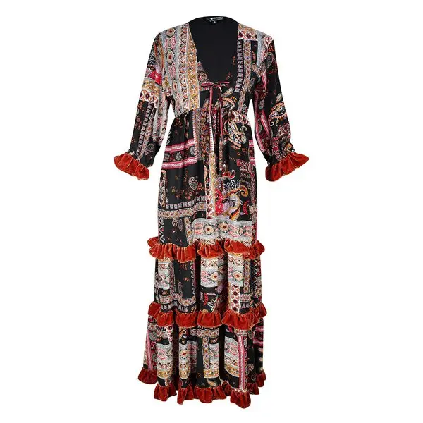 JENNAFER GRACE Lucia Cinnabar Velvet Ruffle Maxi Dress