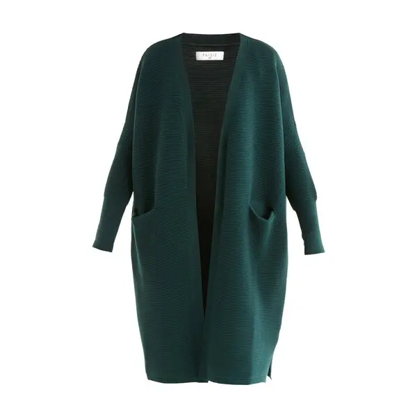 PAISIE Longline Ribbed Cardigan In Dark - Green