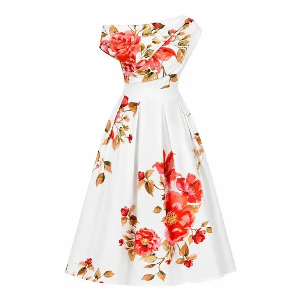 GIRL IN MIND Betty Asymmetric Neckline Skater Midi Floral - Orange