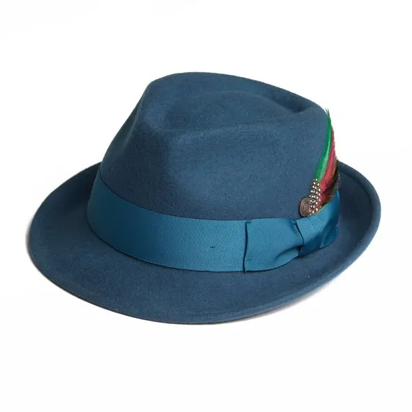 DASMARCA HATS Darwin Teal Felt Trilby With Feather - Blue