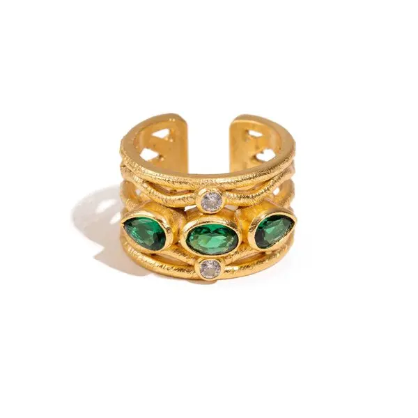 EBRU JEWELRY Gold / Green Emerald & Diamond Regal Adjustable Gold Ring Green - Gold/green