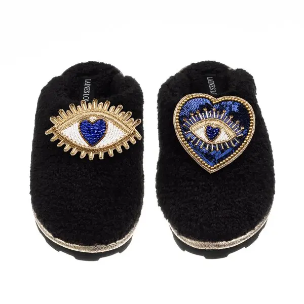 LAINES LONDON Teddy Closed Toe Slippers With Double Blue Heart & Love Eye Brooches - Black
