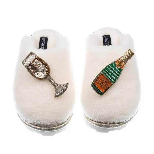 LAINES LONDON Teddy Closed Toe Slippers With Laines Champers Brooches Cream - White