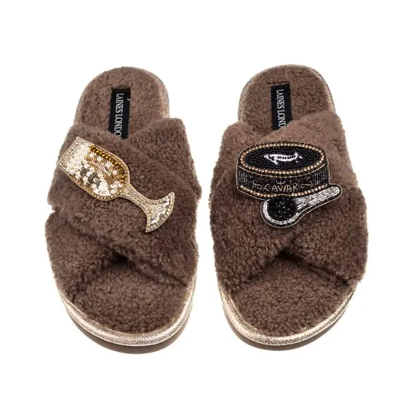 LAINES LONDON Neutrals Laines Neutral Boucle Slippers With Caviar & Glass Of Champers Brooches Mink - Brown