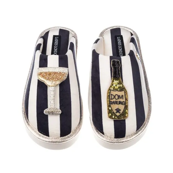 LAINES LONDON Black / White Flatform Stripe Closed Toe Slippers With Dom Darling Brooches - Black/white