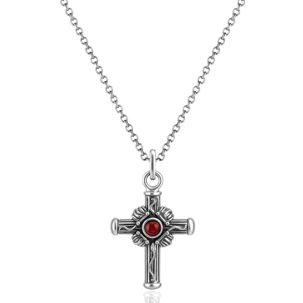UNALOE Silver / Red Sterling Silver Cross Necklace With Natural Garnet – Elegant Jewelry - Silver/red