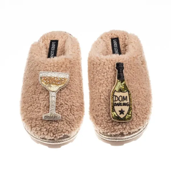 LAINES LONDON Neutrals Teddy Closed Toe Slippers With Dom Darling Champagne Brooches Toffee - Brown