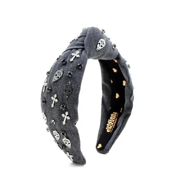 MISS CICCONI Grey / Black Vivienne Headband Grey Denim Black Crystals, Skulls And Crosses - Grey/black