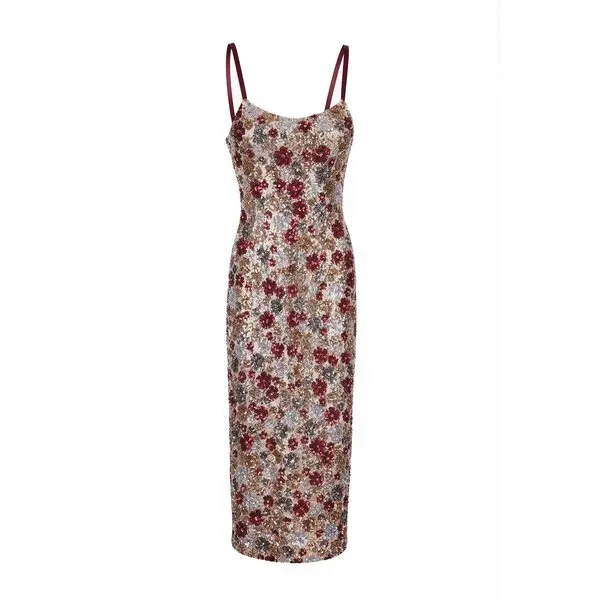 BELSIZE25 Mayfair Series – Garden Dress Velvet-strap Sequinned Midi Dress - Brown/gray/red