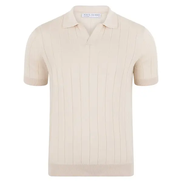 PAUL JAMES KNITWEAR Neutrals Ultra Fine Cotton Rileey Selection Knit Buttonless Polo Shirt Ecru - Beige