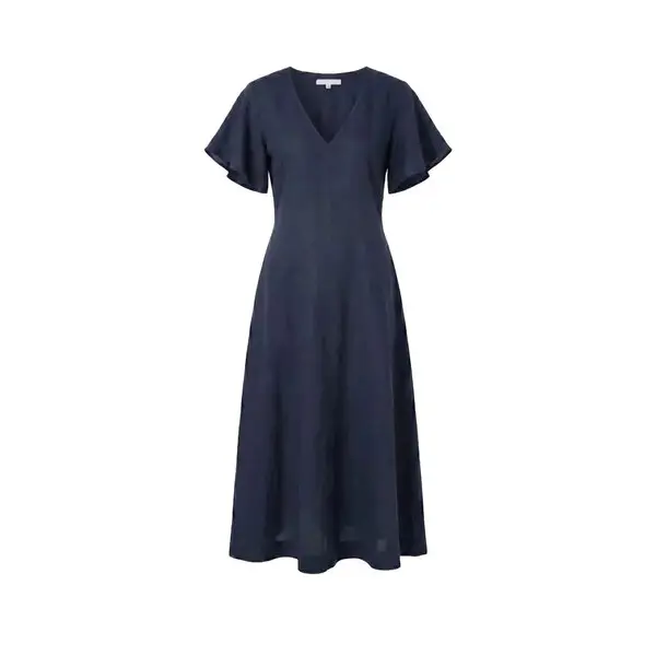 Adrift Clothing Tatum Linen Flutter Sleeve Dress In Navy - Blue