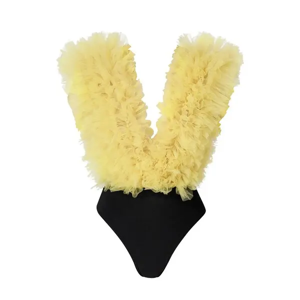 LIA ARAM Signature Lemon Ruffled Tulle Bodysuit - Yellow