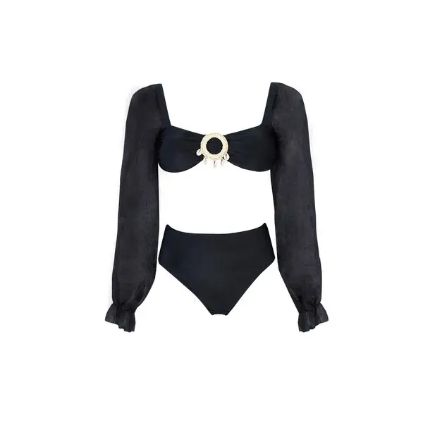 AULALA PARIS The Siren’s Whisper Long Sleeve High Waist Swimsuit With Seashell - Black