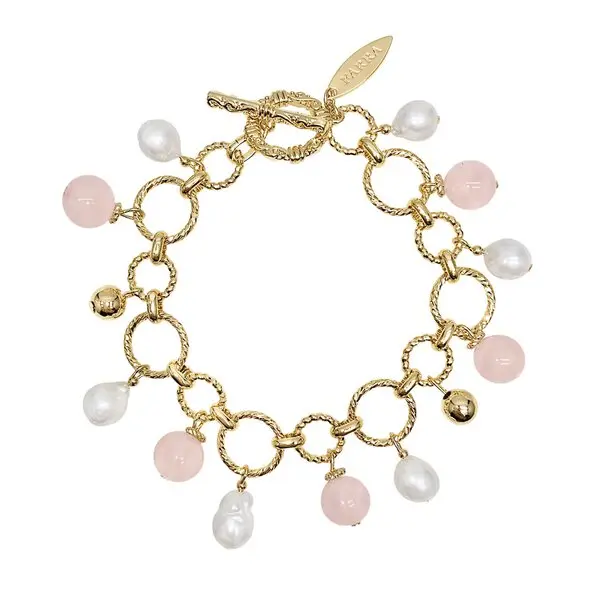 FARRA Rose Quartz & Pearl Chain Bracelet - Pink