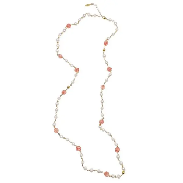 FARRA Freshwater Pearls And Watermelon Quartz With Rose Charms Long Necklace - Pink
