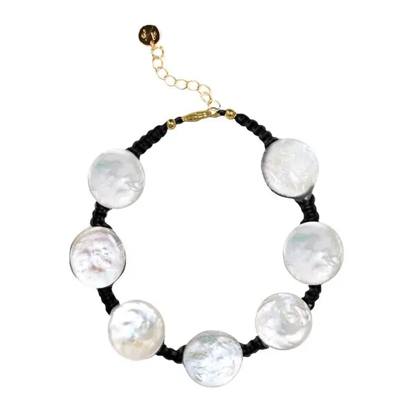 ADRIANA PAPPAS DESIGNS Coin Pearl Anklet On Colored Cord - Black
