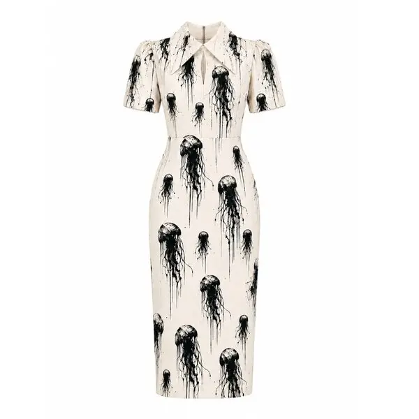 JULIA ALLERT Neutrals Ivory Jellyfish Print Short Sleeve Midi Dress – Capsule Edition - White