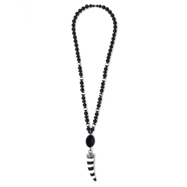 Shar Oke Black / White Black & White Tibetan Agate, Black Onyx & Stripped Resin Pendant Beaded Necklace - Black/white