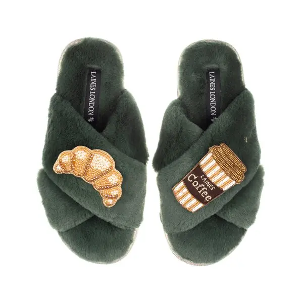 LAINES LONDON Classic Laines Slippers With Coffee Cup & Croissant Brooches Limited Edition - Green