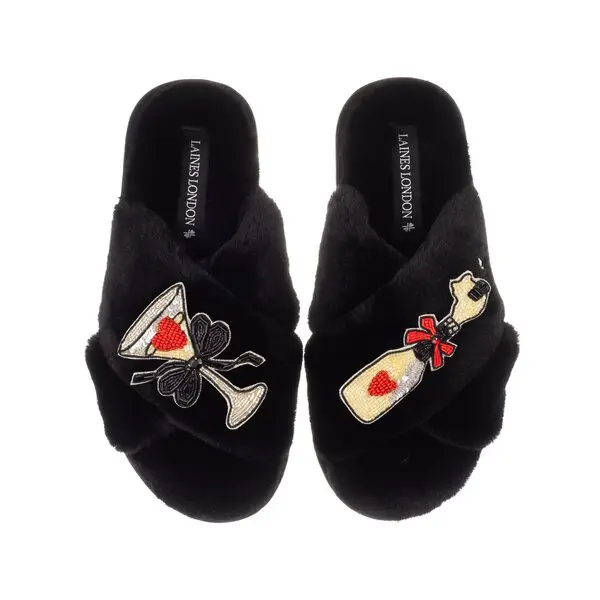 LAINES LONDON Classic Laines Slippers With Popping Champagne Brooches - Black