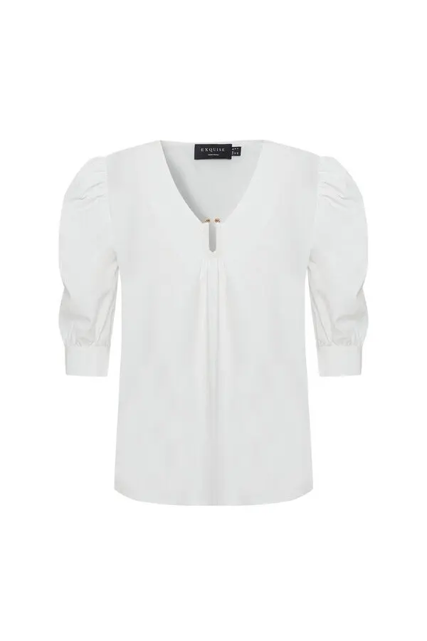 EXQUISE Regular Puff Sleeve Poplin Keyhole Blouse - White