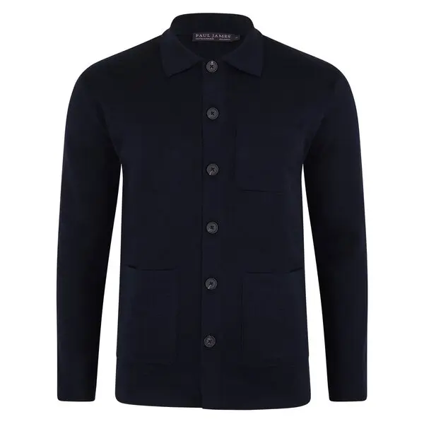 PAUL JAMES KNITWEAR Extra Fine Merino Wool Fabrizio Work Shirt Navy - Blue