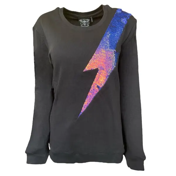 ANY OLD IRON Iridescent Oil Slick Reversible Sequin Lightning Sweatshirt - Black