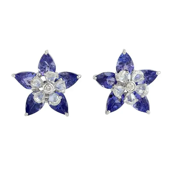 ARTISAN White / Blue Tanzanite & Diamond Floral Ear Jacket Earrings In 18k White Gold - White/blue