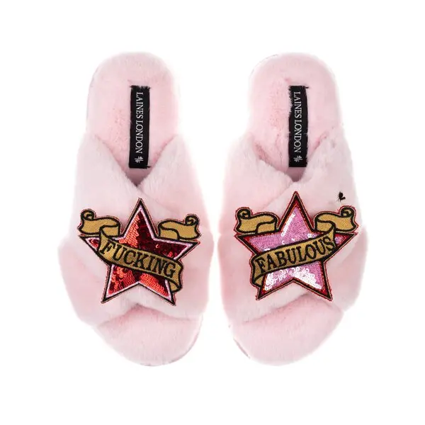 LAINES LONDON Classic Laines Slippers With Red & Fucking Fabulous Brooches - Pink