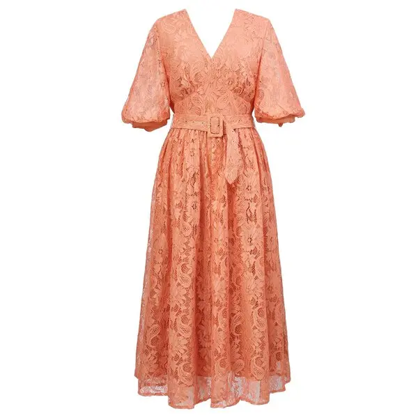 SMART AND JOY All-lace Puffy Sleeves Dress With Belt Apricot - Orange