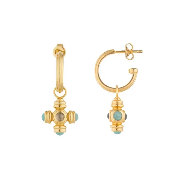 LULU B LONDON Topaz Cross Gemstone Charm Gold Hoop Earrings - Blue