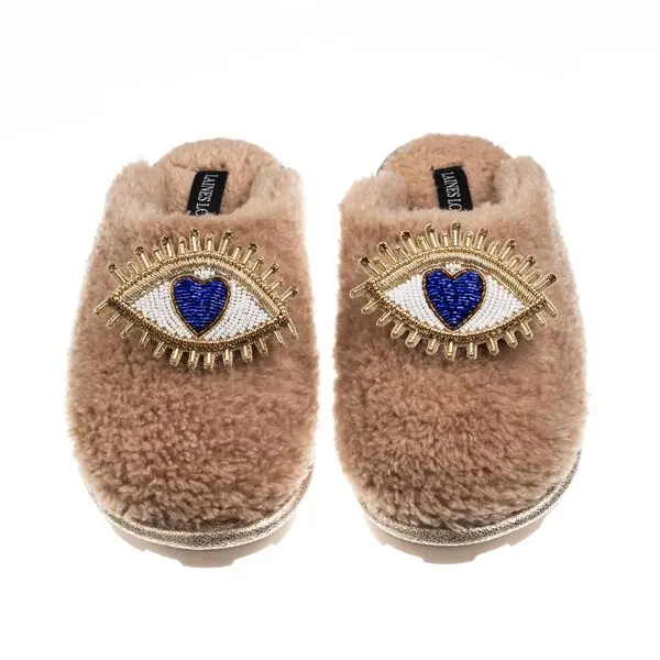 LAINES LONDON Teddy Closed Toe Slippers With Double Blue Love Eye Brooches Toffee - Brown