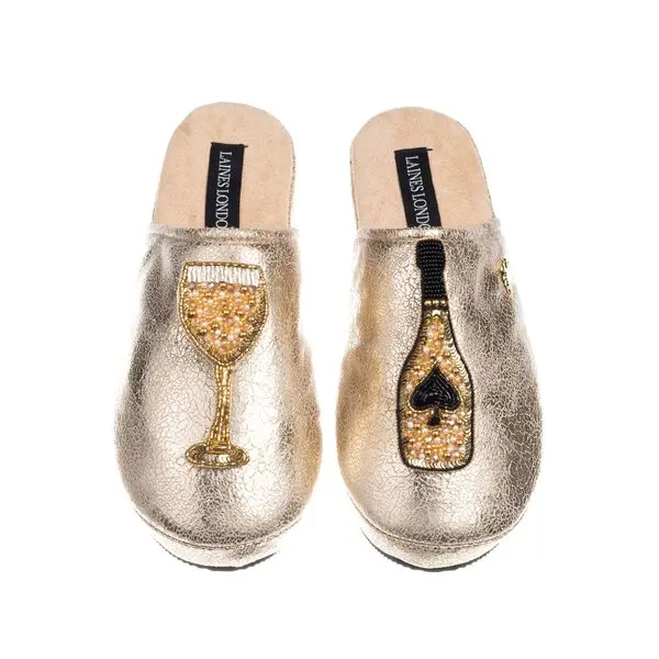 LAINES LONDON Softie Slippers With The Ace Of Champagne Brooches - Gold