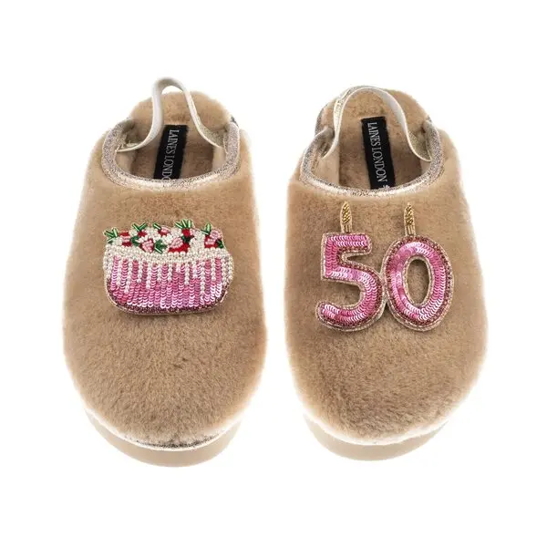 LAINES LONDON Brown / Gold / Neutrals Flatform Cloud Closed Toe Slippers With 50th Birthday & Cake Brooches Toffee - Brown/gold