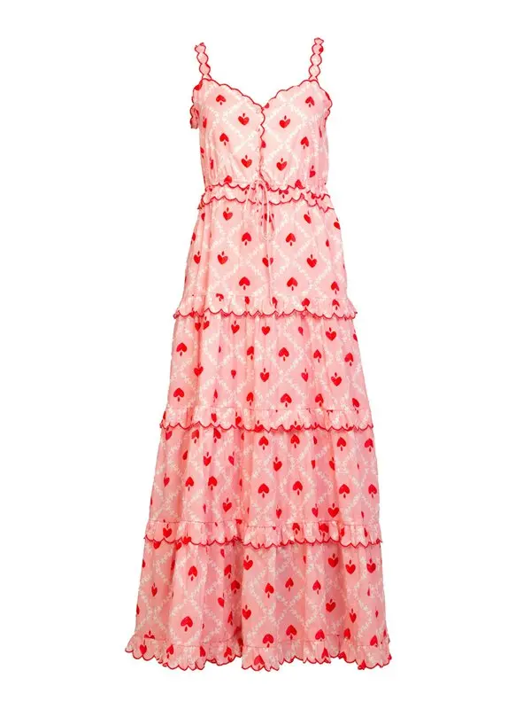 ROSE & NANCY Pink / Red Alice Pink And Red Heart Print Tiered Maxi Dress - Pink/red