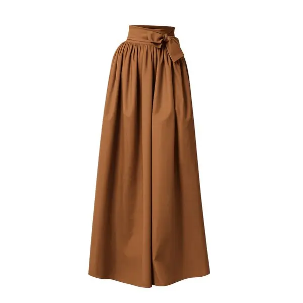 NIKKA PLACE Long Pleated High Waisted Skirt With Bow And Pockets In Light Color - Brown
