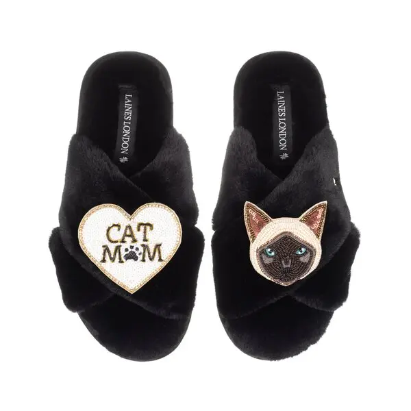 LAINES LONDON Classic Laines Slippers With Cat Mum / Mom & Siamese Cat Brooches - Black