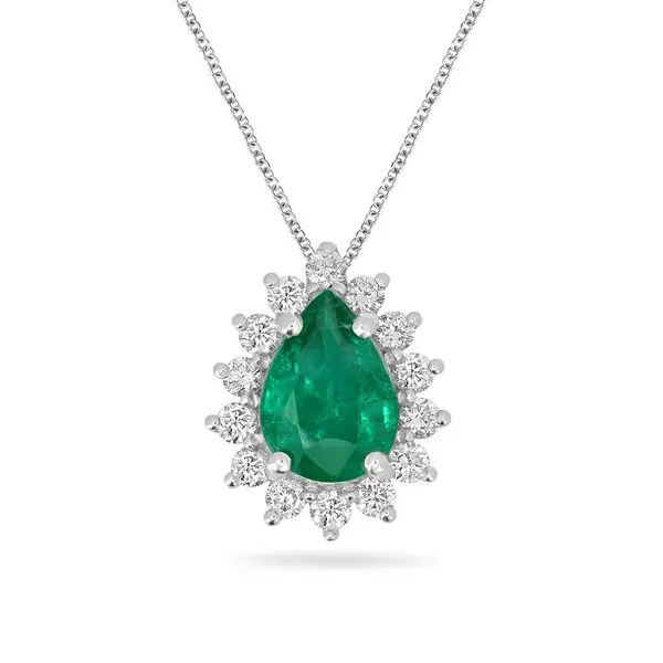 ARTISAN White / Green Pear Shape Emerald & Diamond Floral Halo Pendant In 18k White Gold - White/green