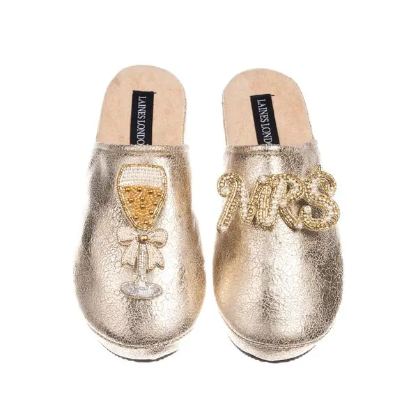 LAINES LONDON Softie Slippers With Wedding Champers & Mrs Brooches - Gold