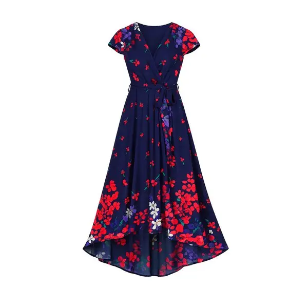 YUMI Navy Floral Mirror Wrap Dress With Dip Hem - Blue