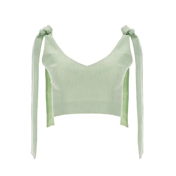 LITA COUTURE Bow Strap Linen Crop Top - Green